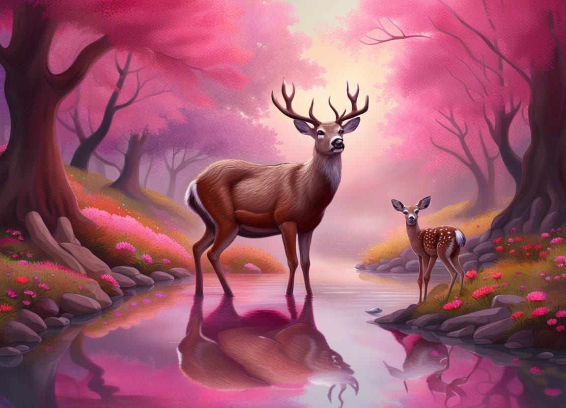 Springtime, a stream passing through blooming trees. One big deer and ...