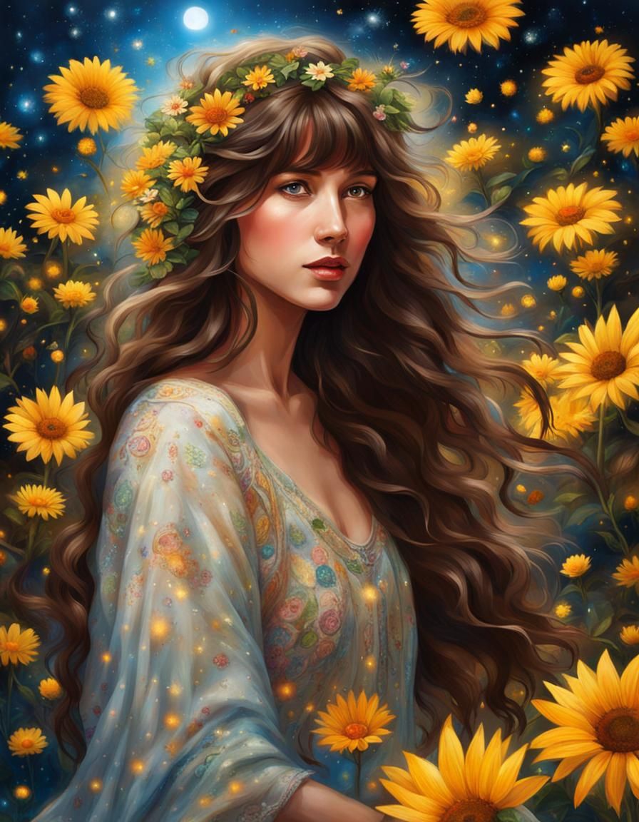 A ((beautiful girl with long beautiful wavy brown hair with bangs, almond shaped (yellow colored ...