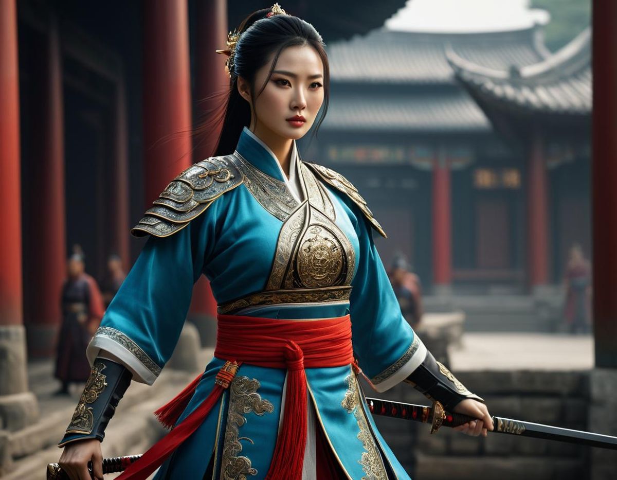 Full length portrait of a beautiful chinese woman warrior in ...