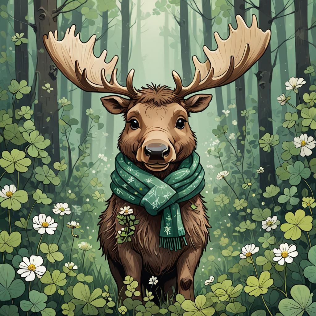 Cute chibi moose wearing a scarf surrounded by clover in the woods - AI ...