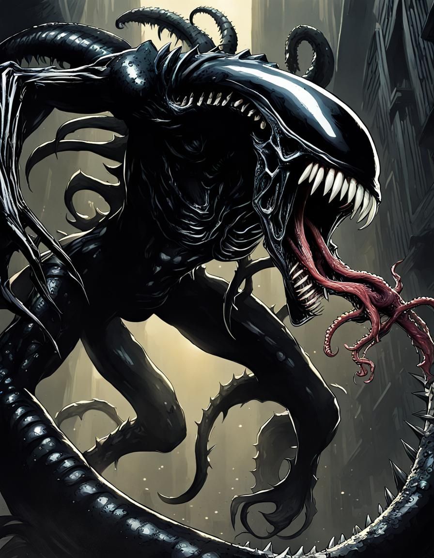 A action scene of a obsidian xenomorph coming out of the shadows with ...