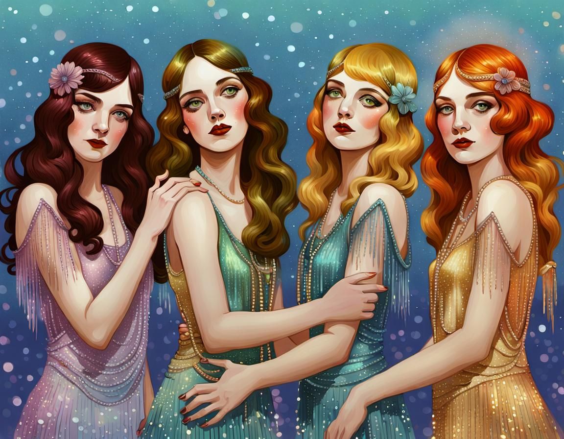 four girls in flapper dresses - Four Flapper Girls in Elegan...