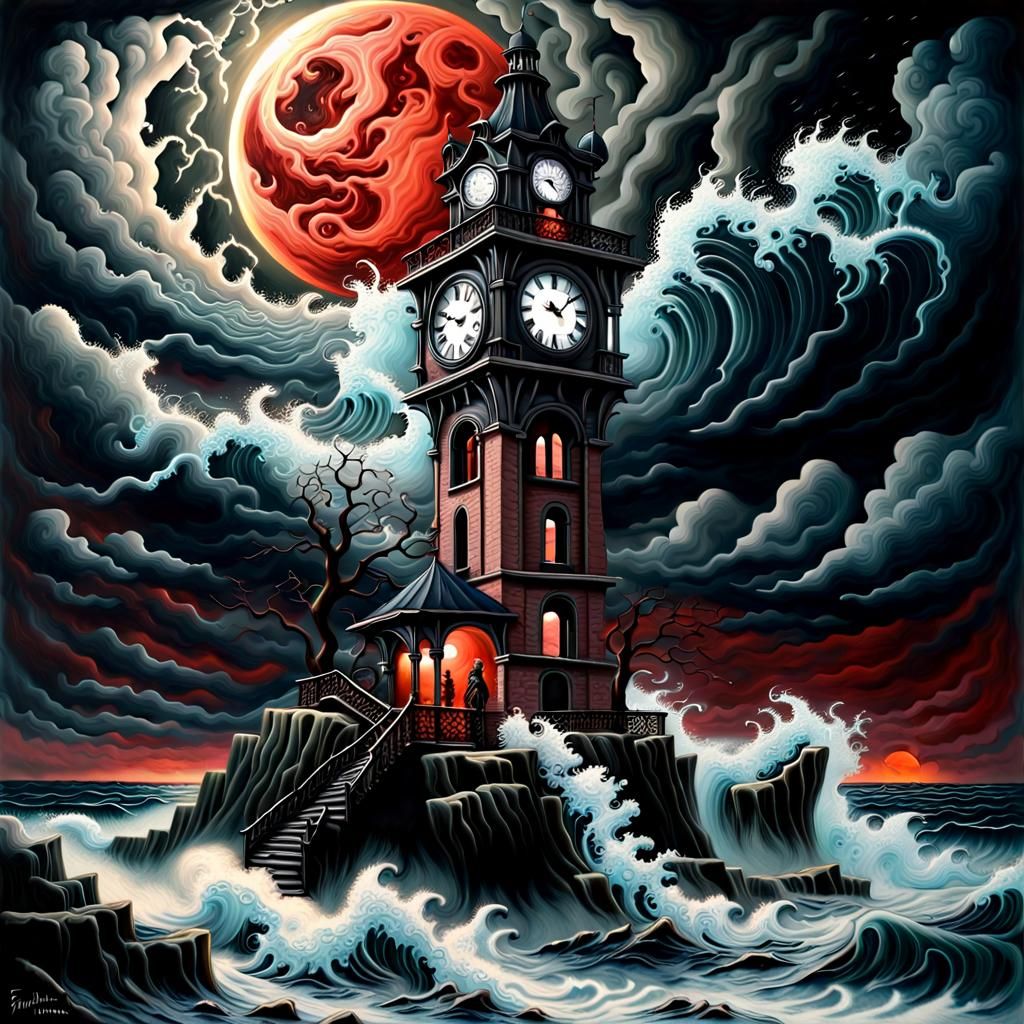 A sinister Skegness Clock Tower on top of a cliff overlooking a body of ...