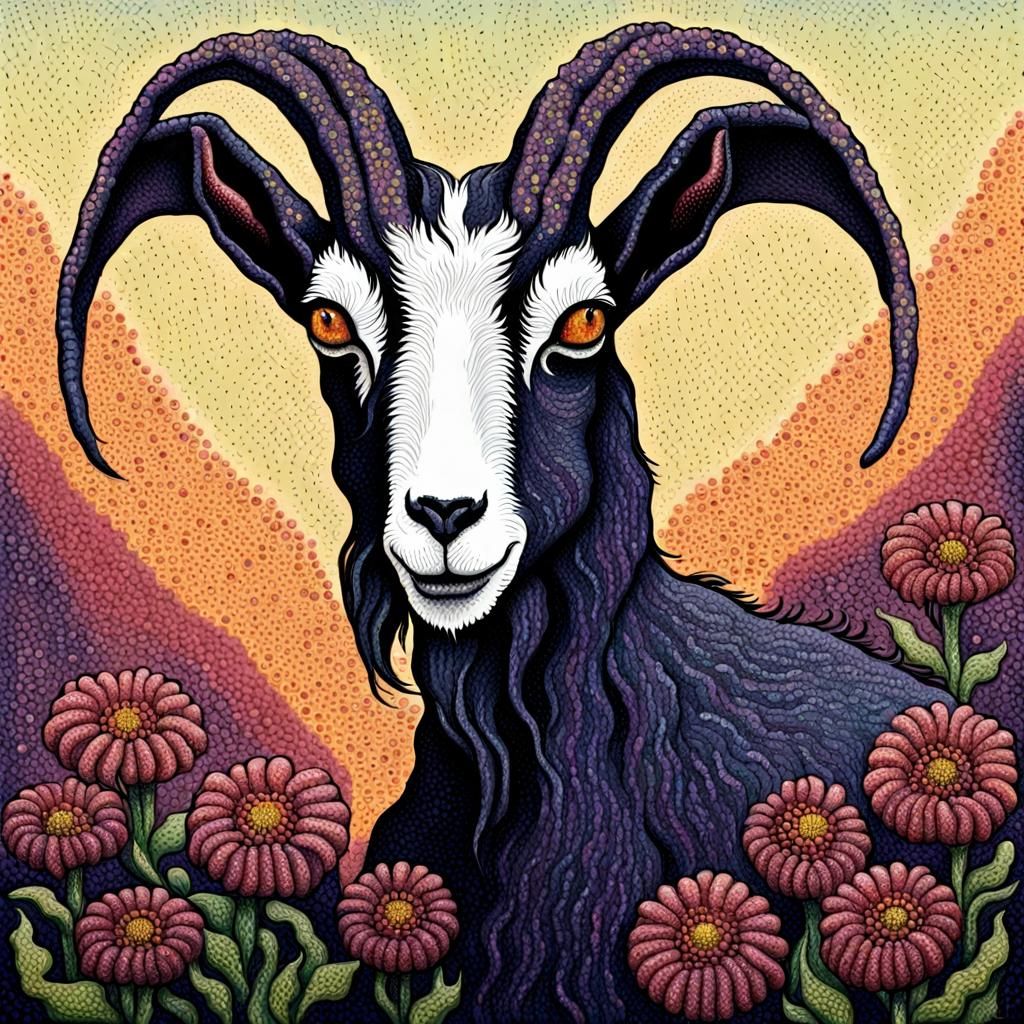 Eldritch goat, flowers, ominous, pointillism - AI Generated Artwork ...