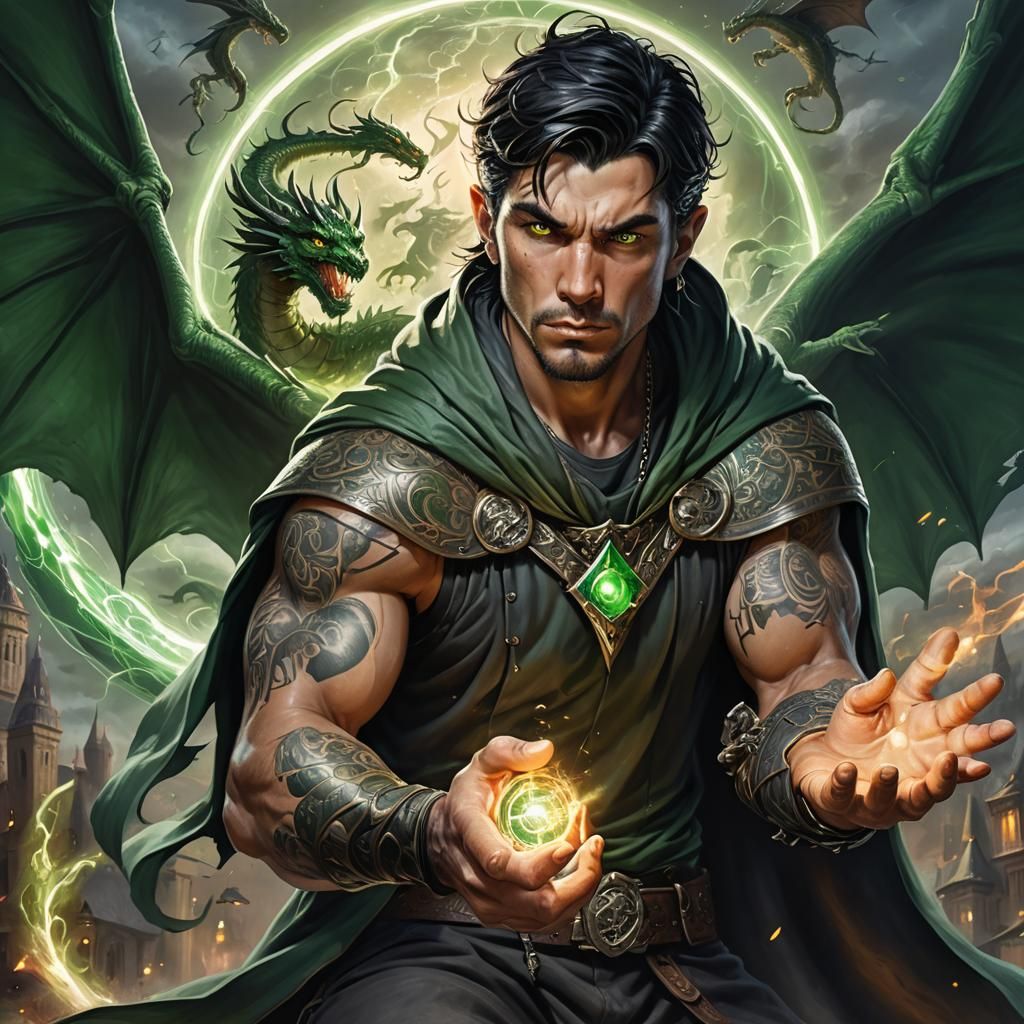 Man with strong muscles covered in tattoos. He has dark black hair and ...