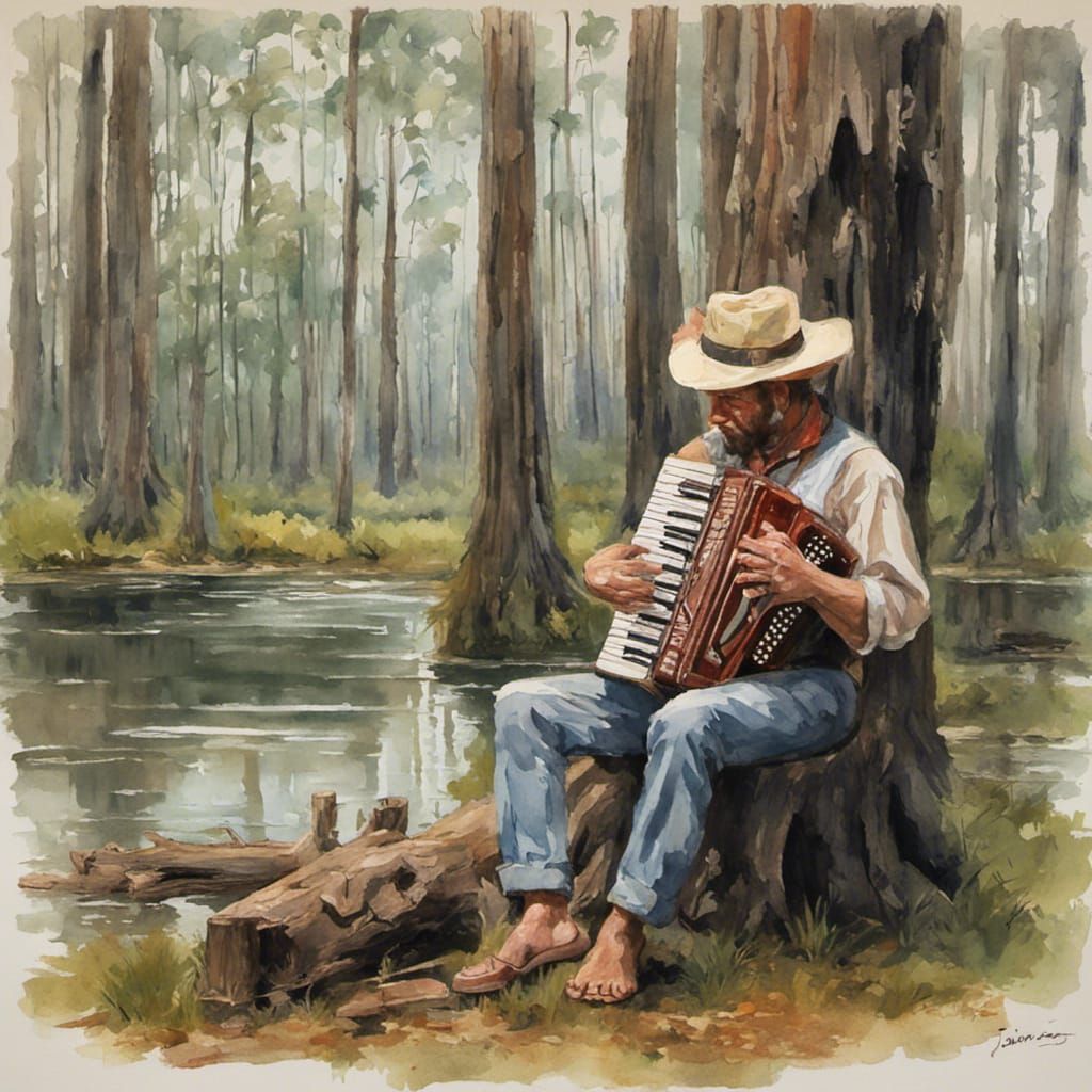 watercolor drawing barefoot cajun man with hat on playing a accordian ...