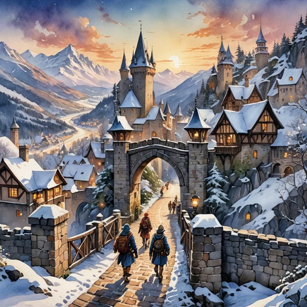 A group of young adventurers starting a new journey, storybook ...