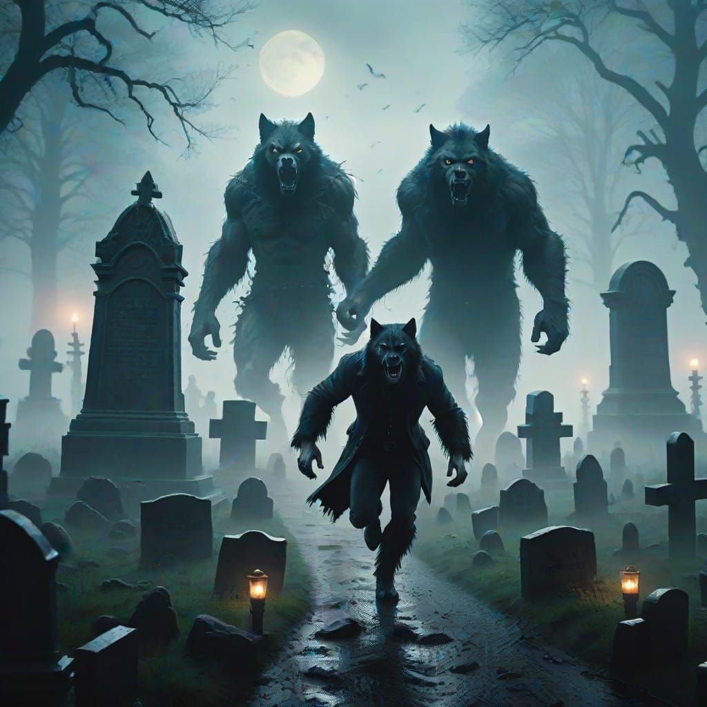 Epic Werewolf Hunt in a Haunted Cemetery at Dawn - AI Art