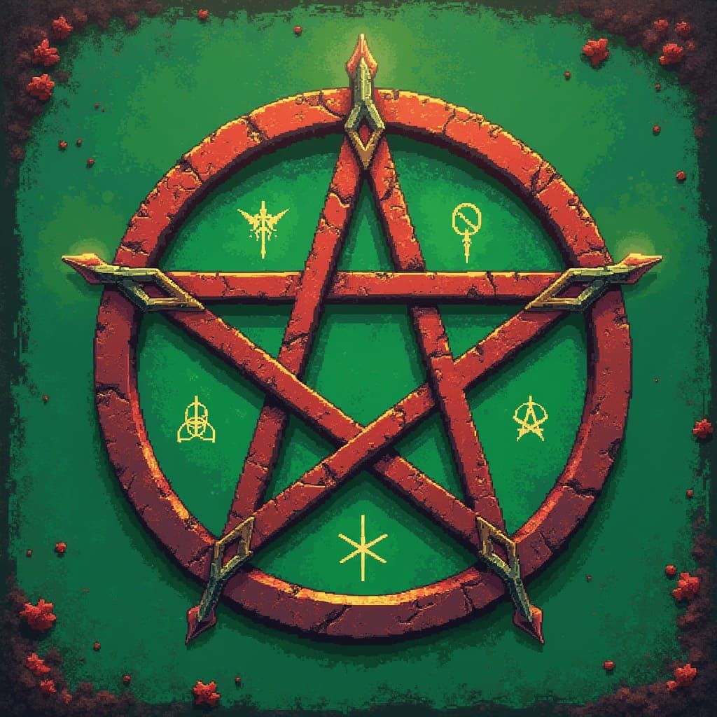 Pixelated Retro Pentagram with Occult Symbols - AI Art