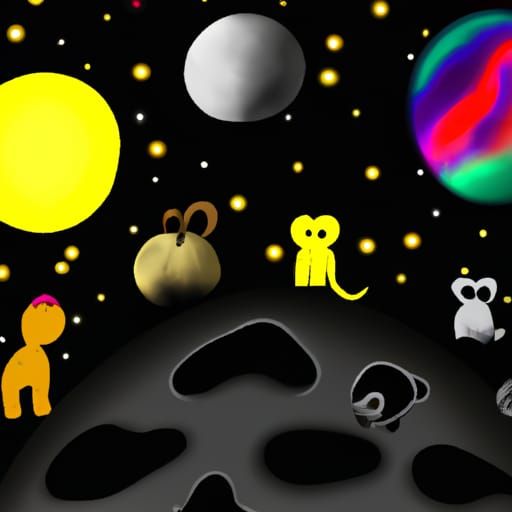 Weird animals on the moon zoomed out with other planets with a black ...