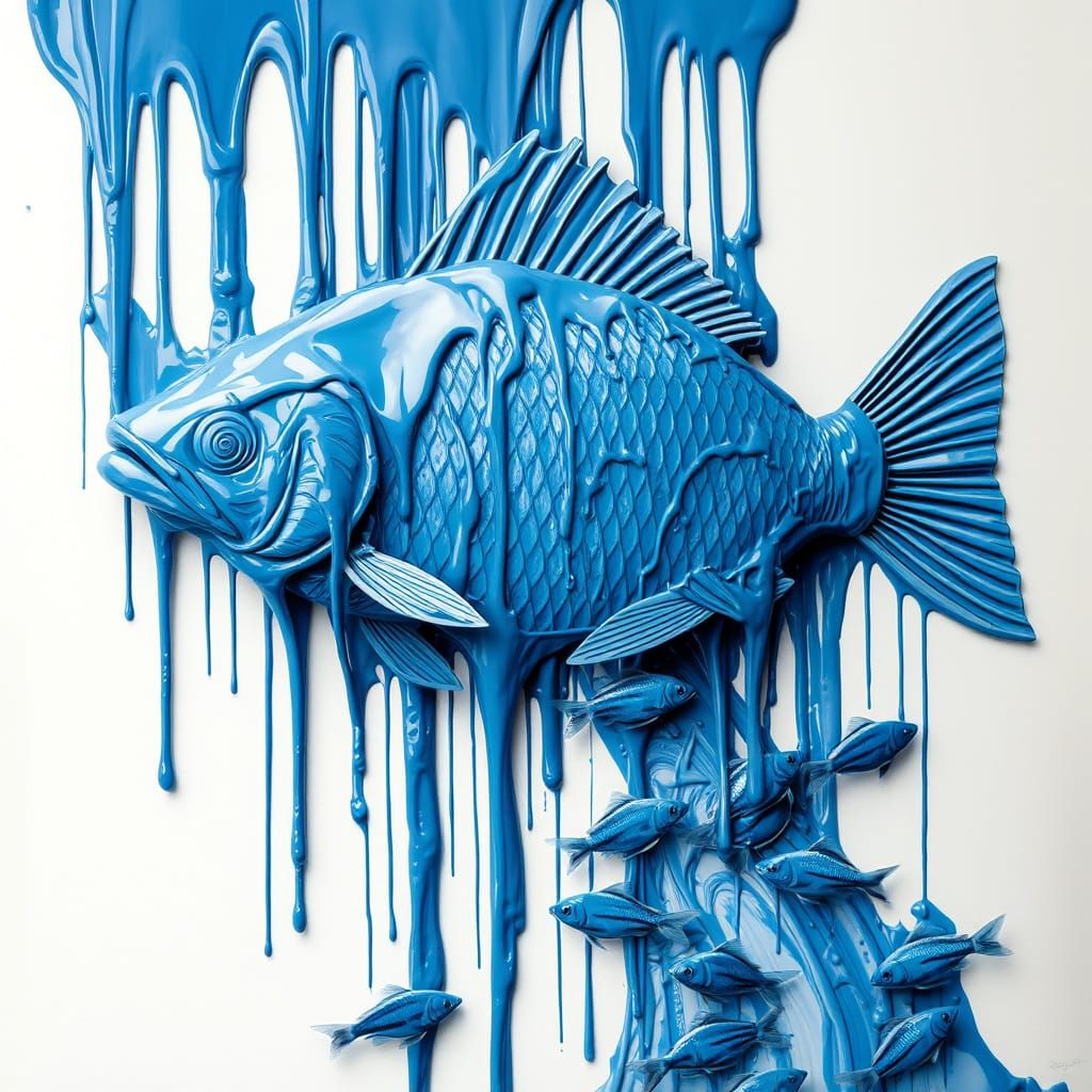 Thick Blue dripping paint completely coat a fish. The excess paint is ...