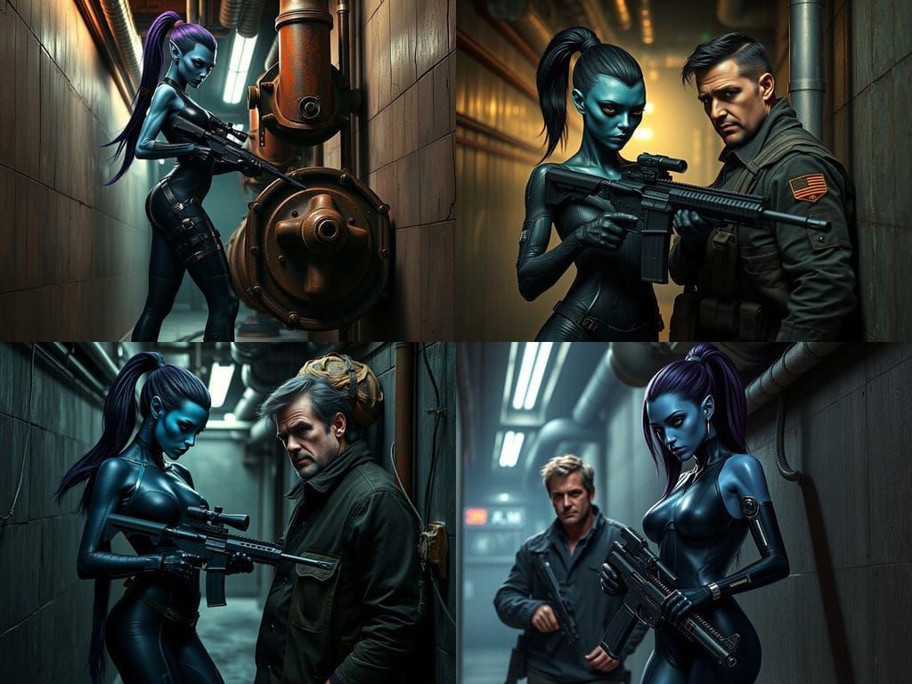 A female alien assassin is holding a slimline sniper rifle. In front of ...