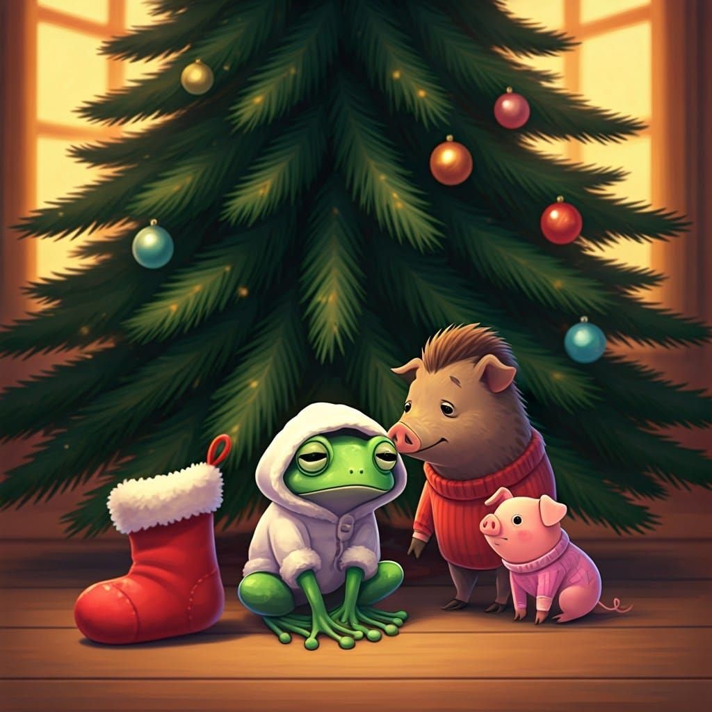 Piggy and Apple comfort a sad Froggy on Christmas