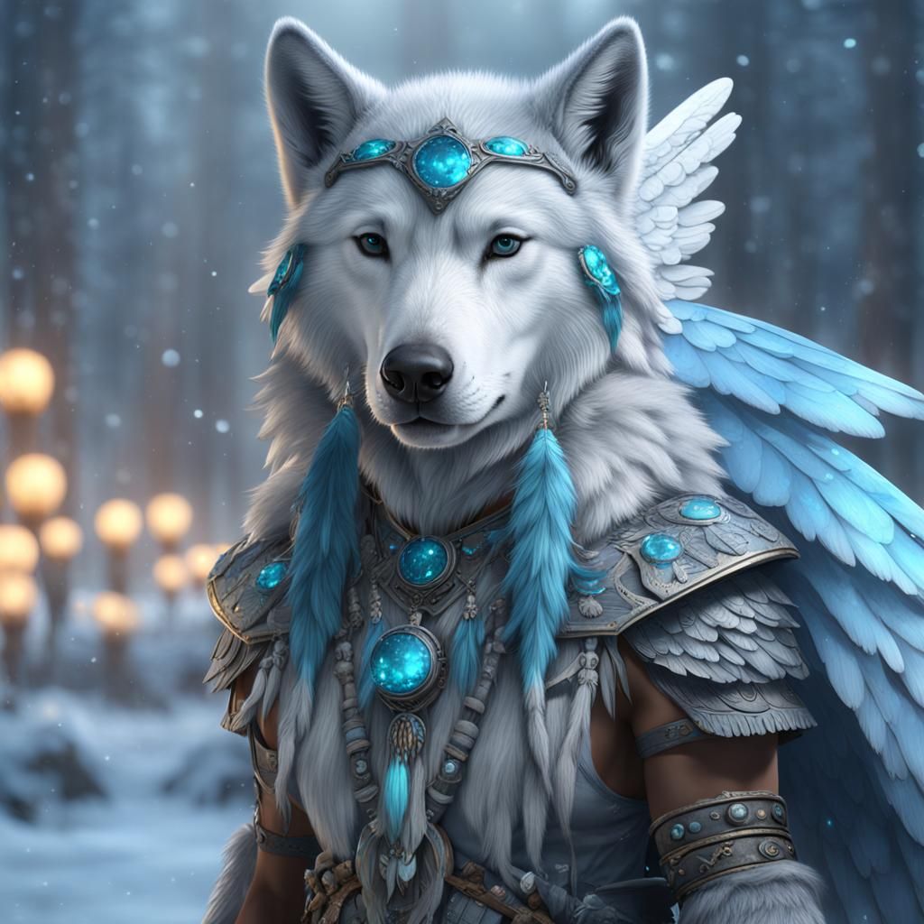 Anthro wolf with angel wings that are ice blue for a primary color and ...