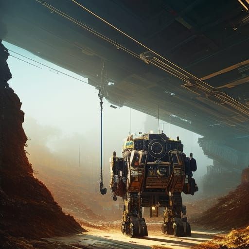 World's last human confronts giant robot”, detailed realistic ...