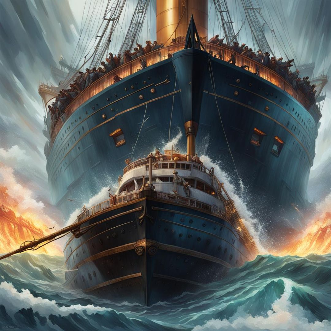 Titanic sinking and a monster trying to eat the ship head and shoulders ...