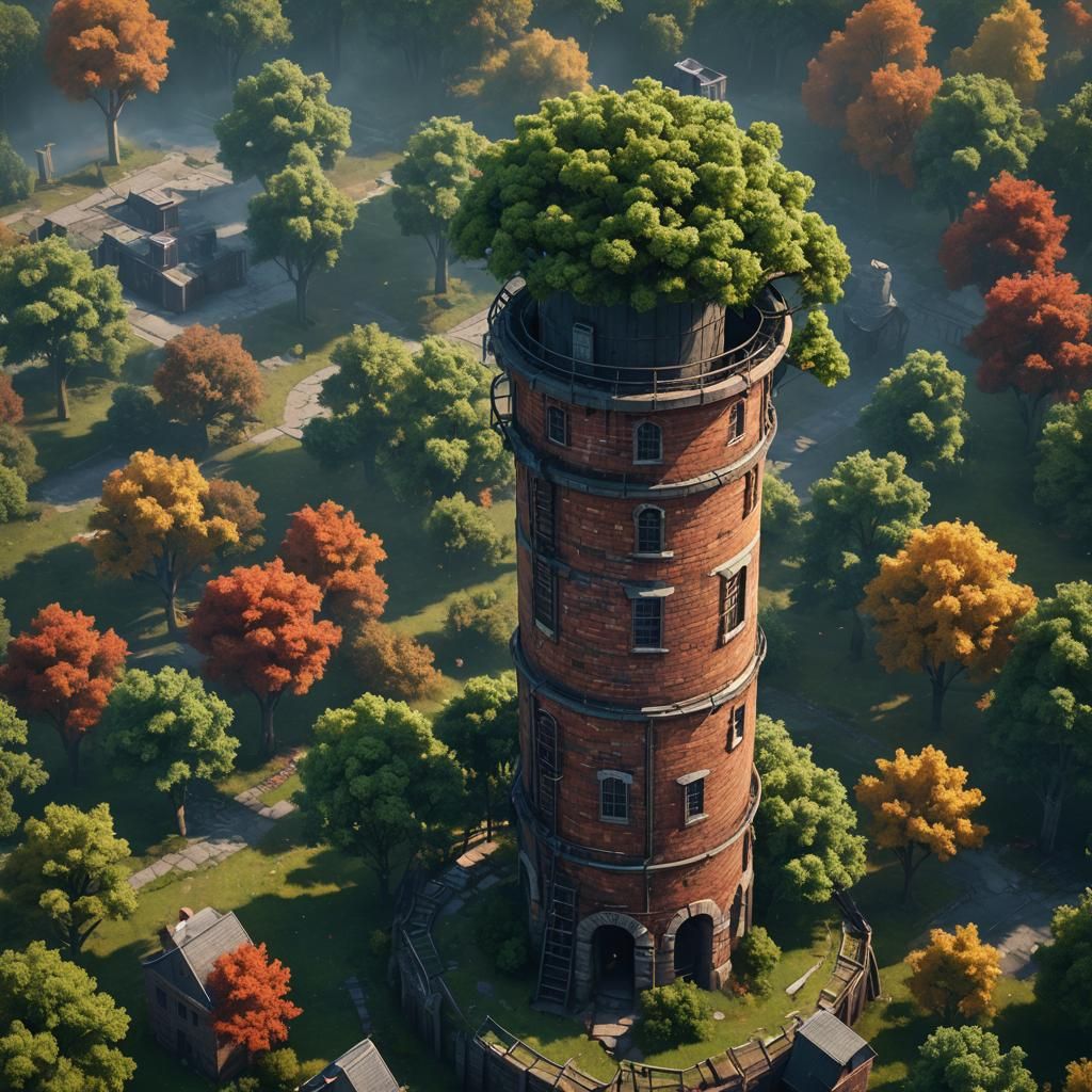 large brick silo chimney with a tree on top - AI Generated Artwork ...