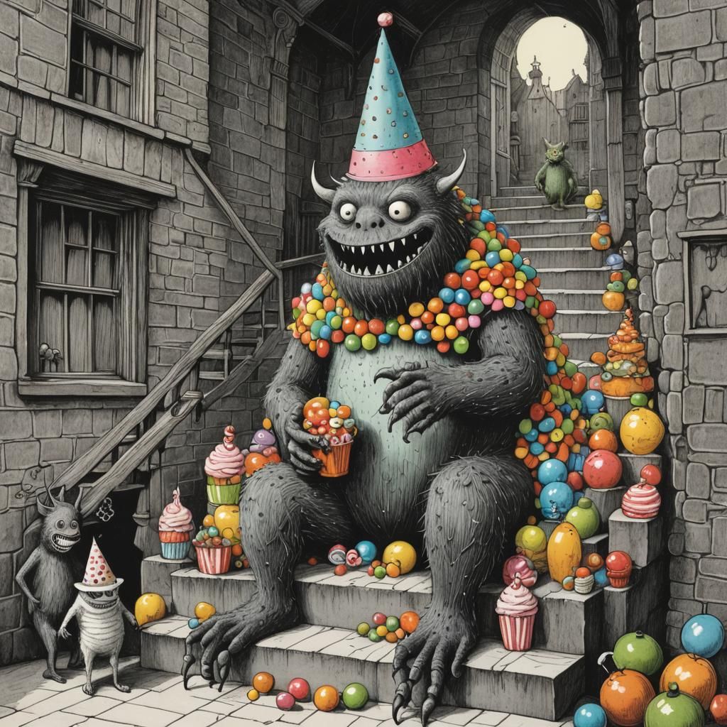 a monster made of candies held together by frosting wearing a party hat ...