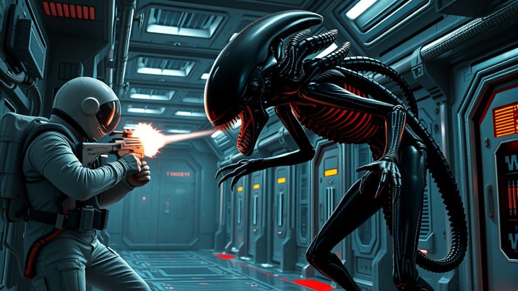 Biomechanical Alien Charges Astronaut in Dark Spac... - AI Art