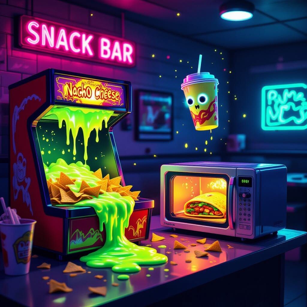 Haunted Retro Arcade Snack Bar in Neon Style - AI Art