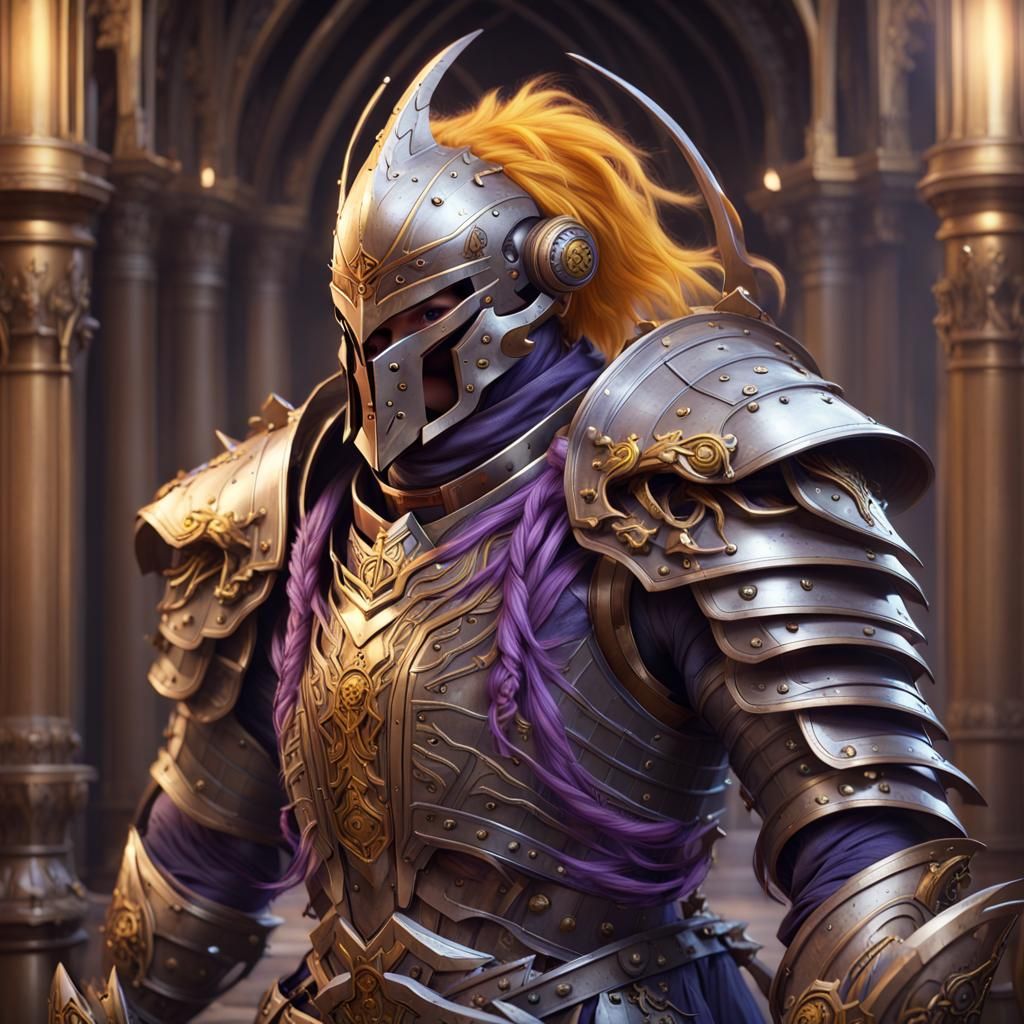 An Archfey with full armor with metal and wood connecting eachother ...