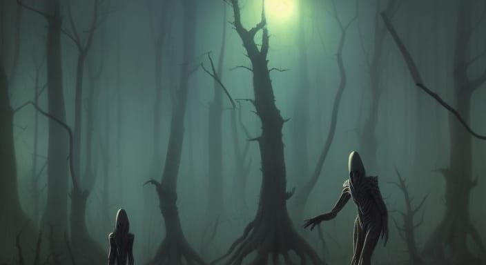 "Space aliens in woods" sinister by Greg Rutkowski - AI Generated ...