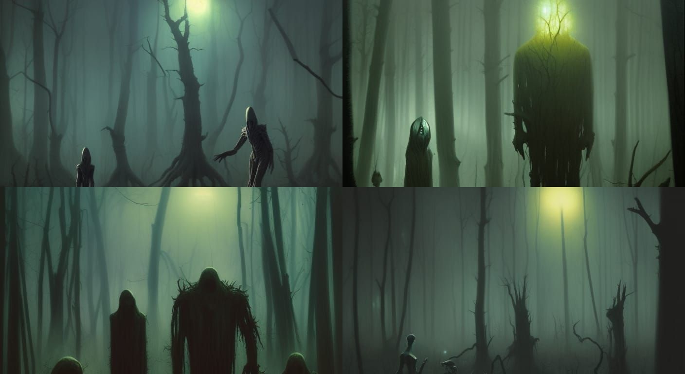 "Space aliens in woods" sinister by Greg Rutkowski - AI Generated ...