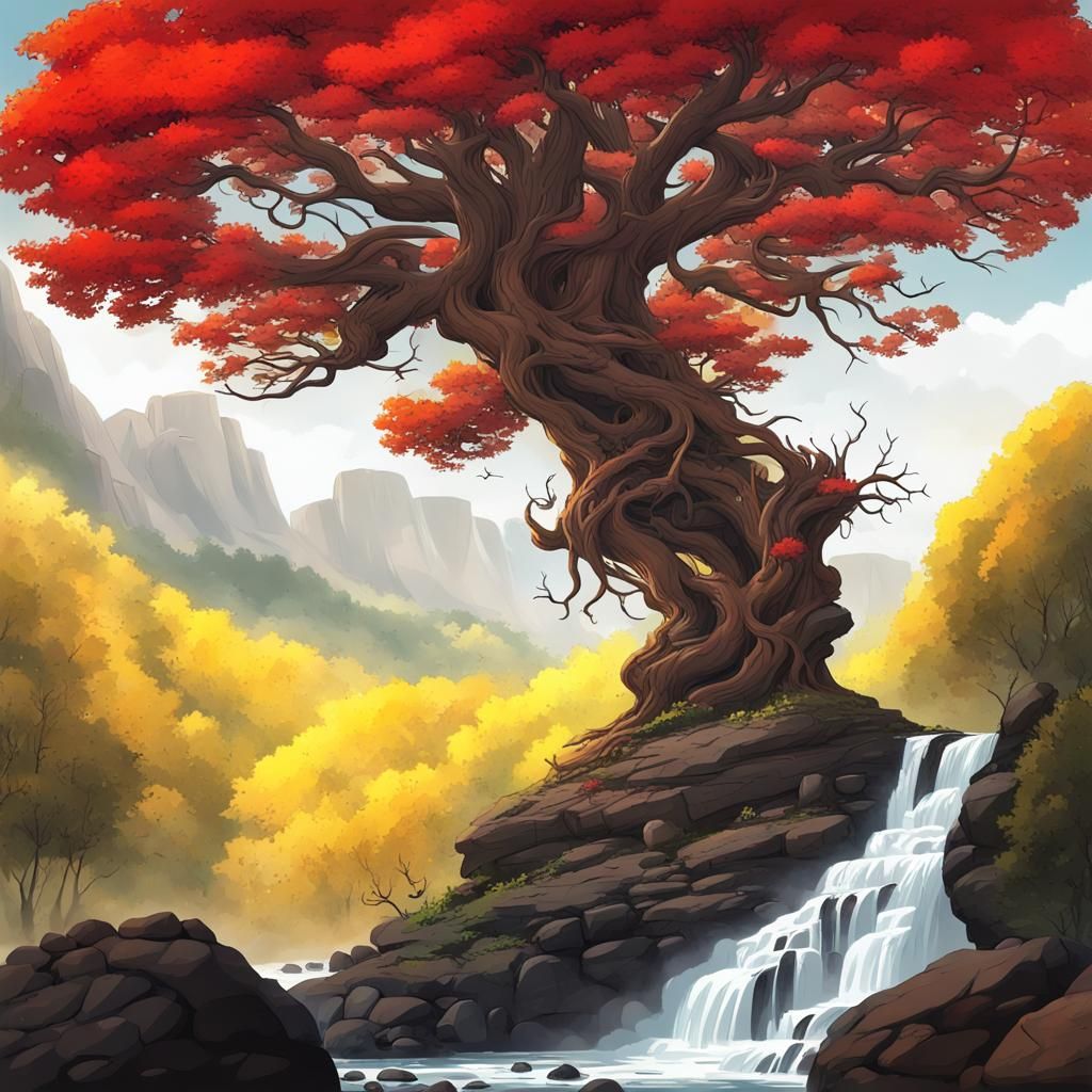 a twisted old tree on the top of a giant waterfall in a dense forest ...