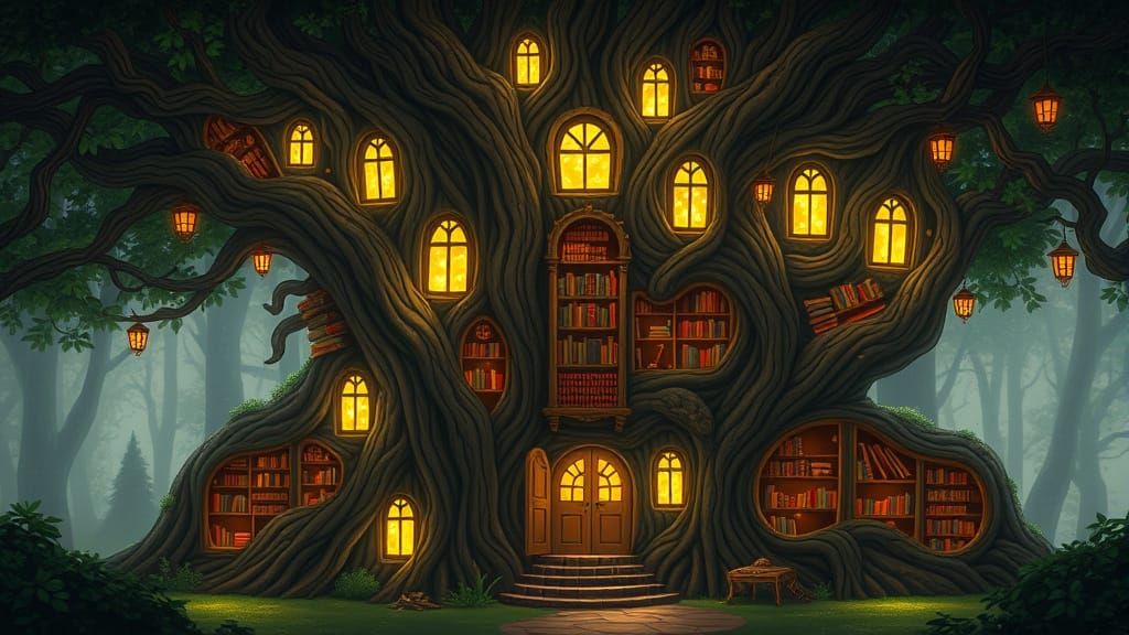 Whimsical Tree Library in Studio Ghibli Style - AI Art