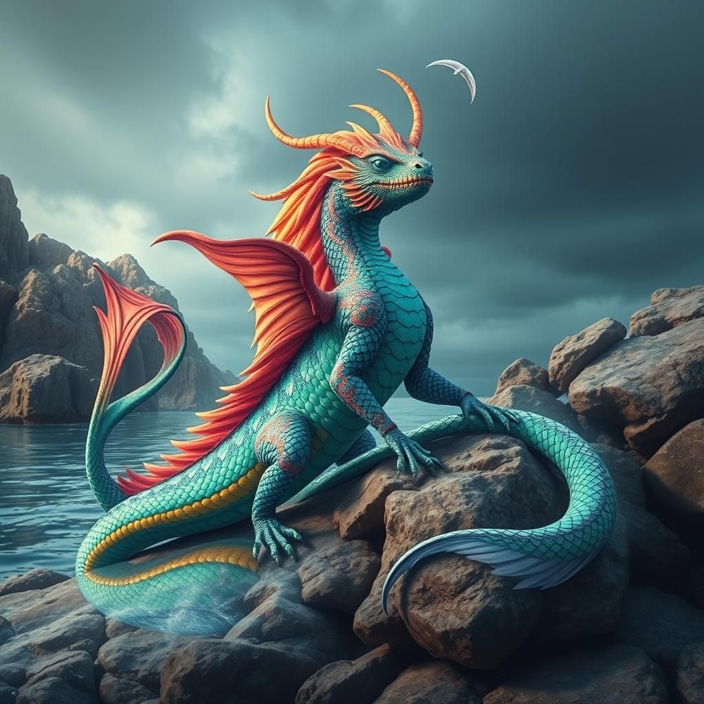 basilisk mermaid sphinx fusion. Rocky shore in background. Vivid colors ...