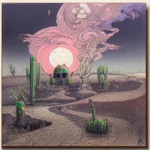 "Vaporwave Desert Landscape" oil painting (by Gris Grimly/Tim Burton ...