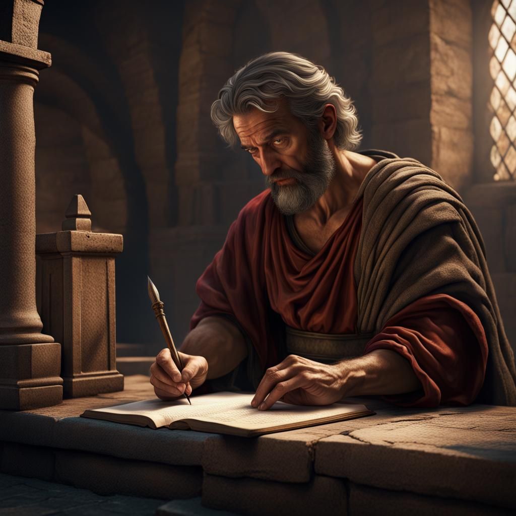 Paul the Apostle intently writing parts of the Bible while in a Roman ...