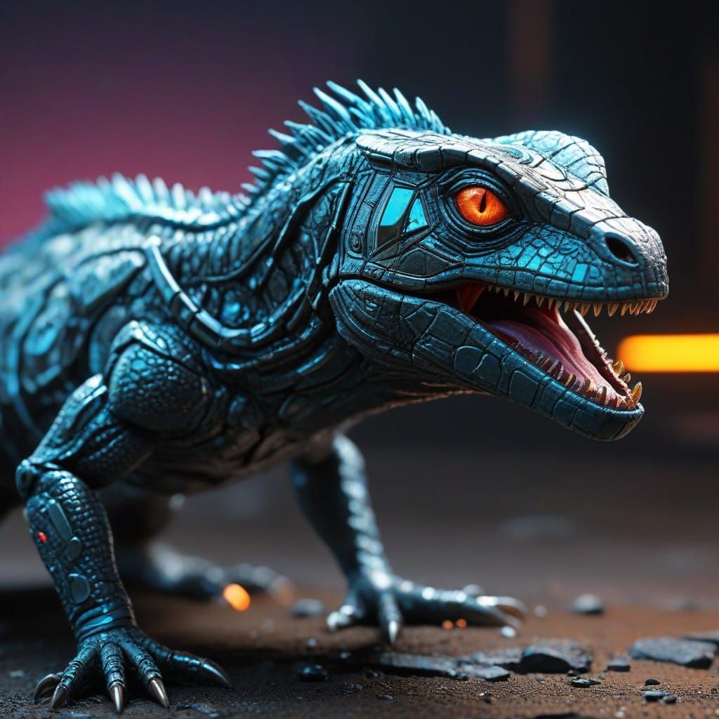 Neon-Lit Cyberpunk Lizard Sculpture in Volcanic Gl... - AI Art