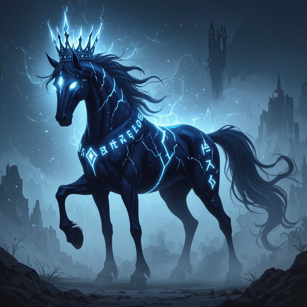 Corrupted Horse Villain with Glowing Runes in Anim... - AI Art