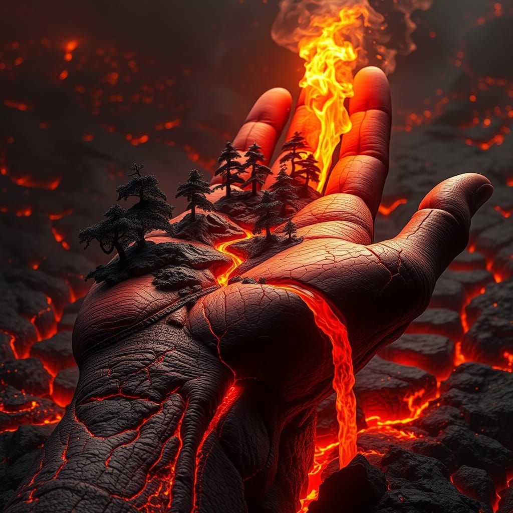 Colossal Hand Erupts from Earth in Fiery, Surreal ... - AI Art
