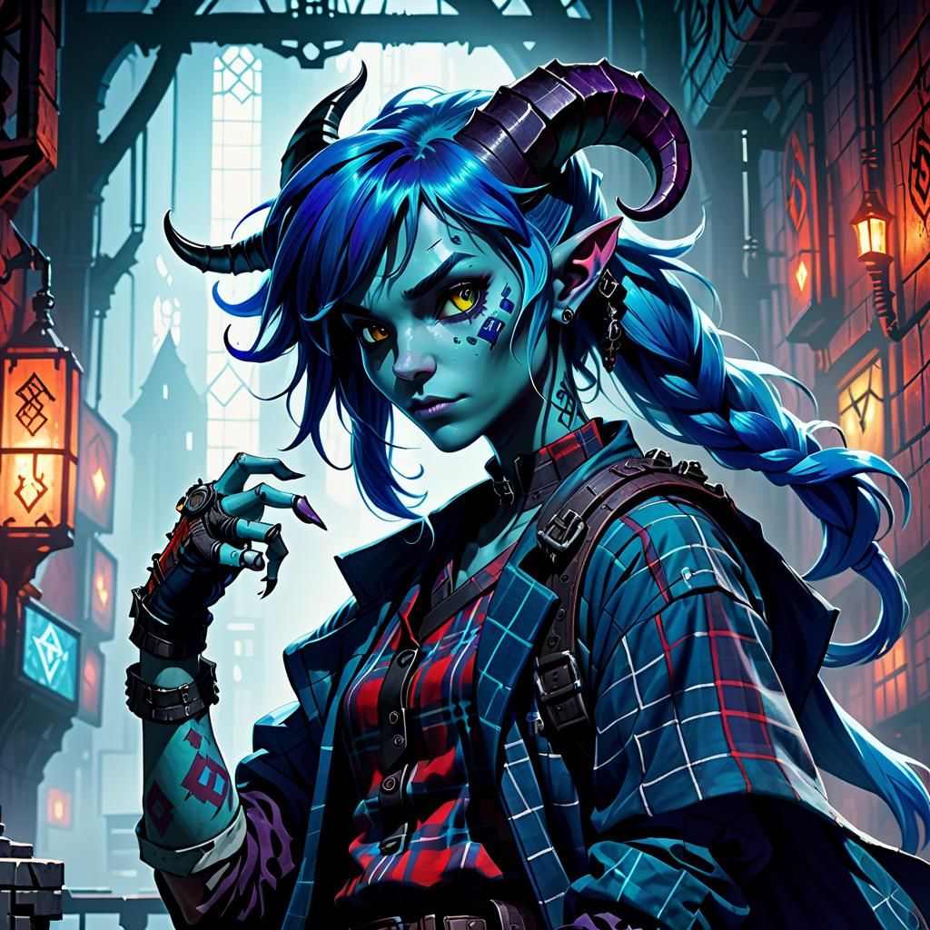 DnD Blue-haired Tiefling Sorcerer With Plaid Pattern (StarlightXL) - AI ...
