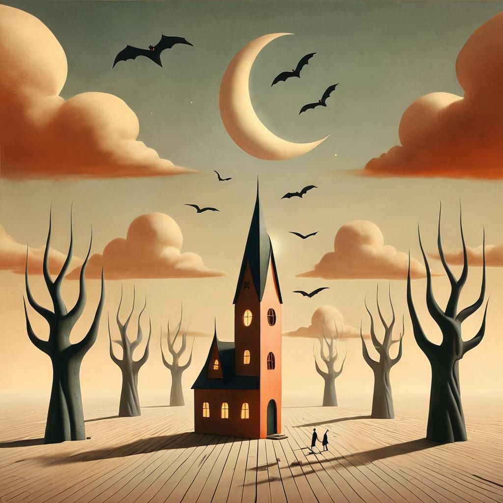 minimalist,fairytale representation,one colorful piercing moon,bizarre ...