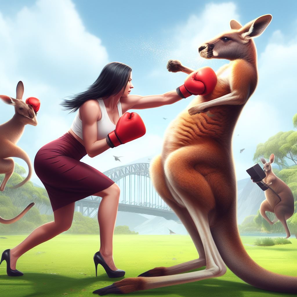A lady fighting a kangaroo with boxing gloves - AI Generated Artwork - NightCafe Creator