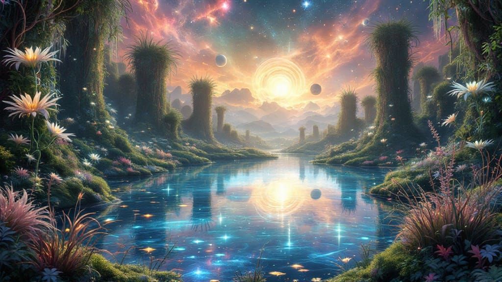 Cosmic Oasis - Ethereal Cosmic Oasis with Luminous Lake and ...