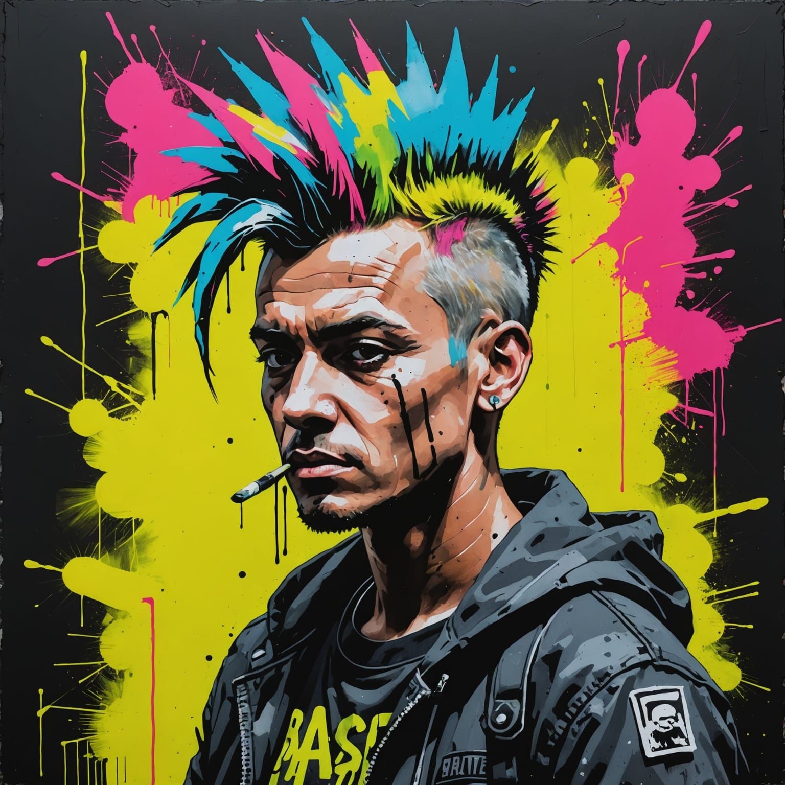 Neon mohawk,inspired by the street art of Banksy, with abold black and ...