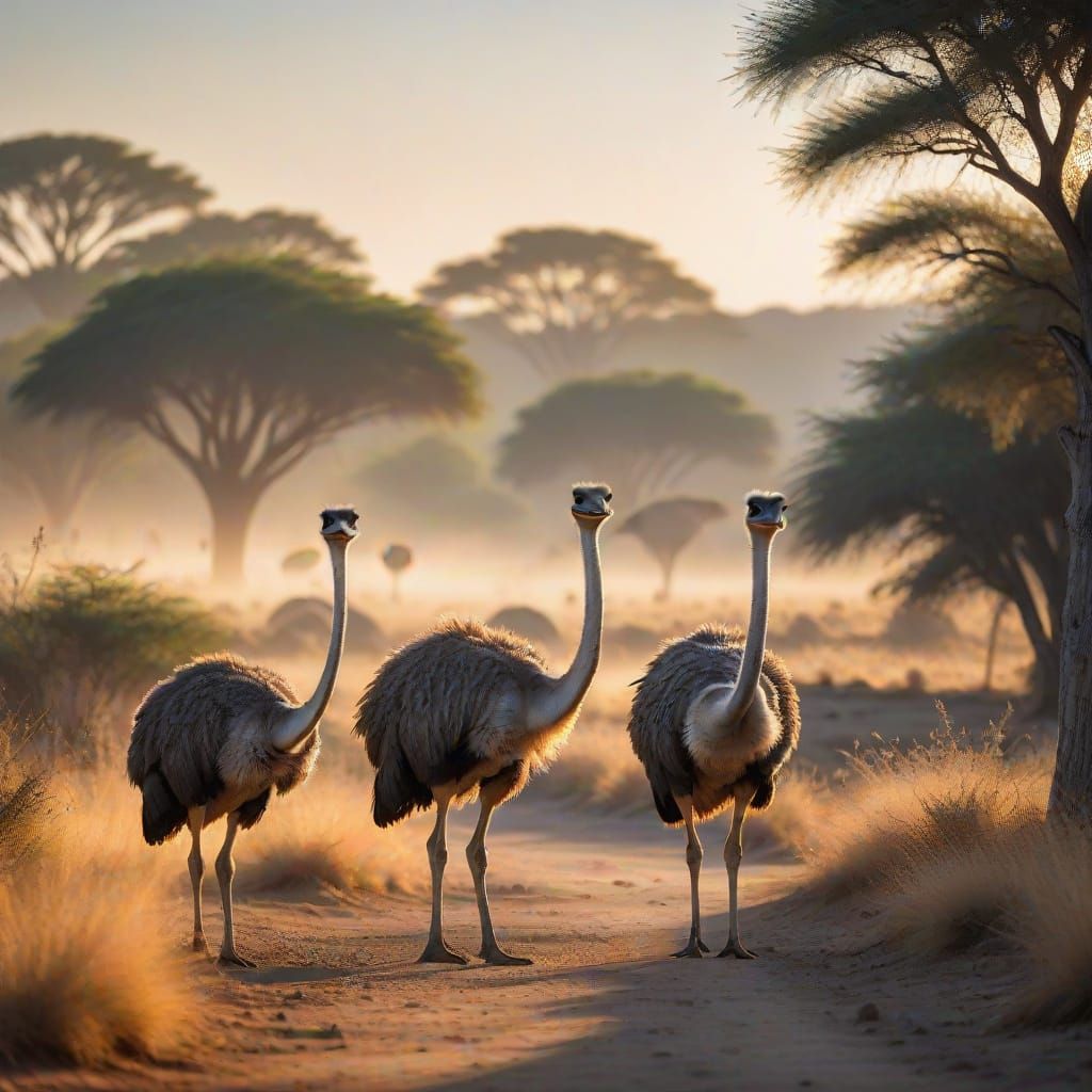 A pair of ostriches in their natural habitat at dawn Professional ...