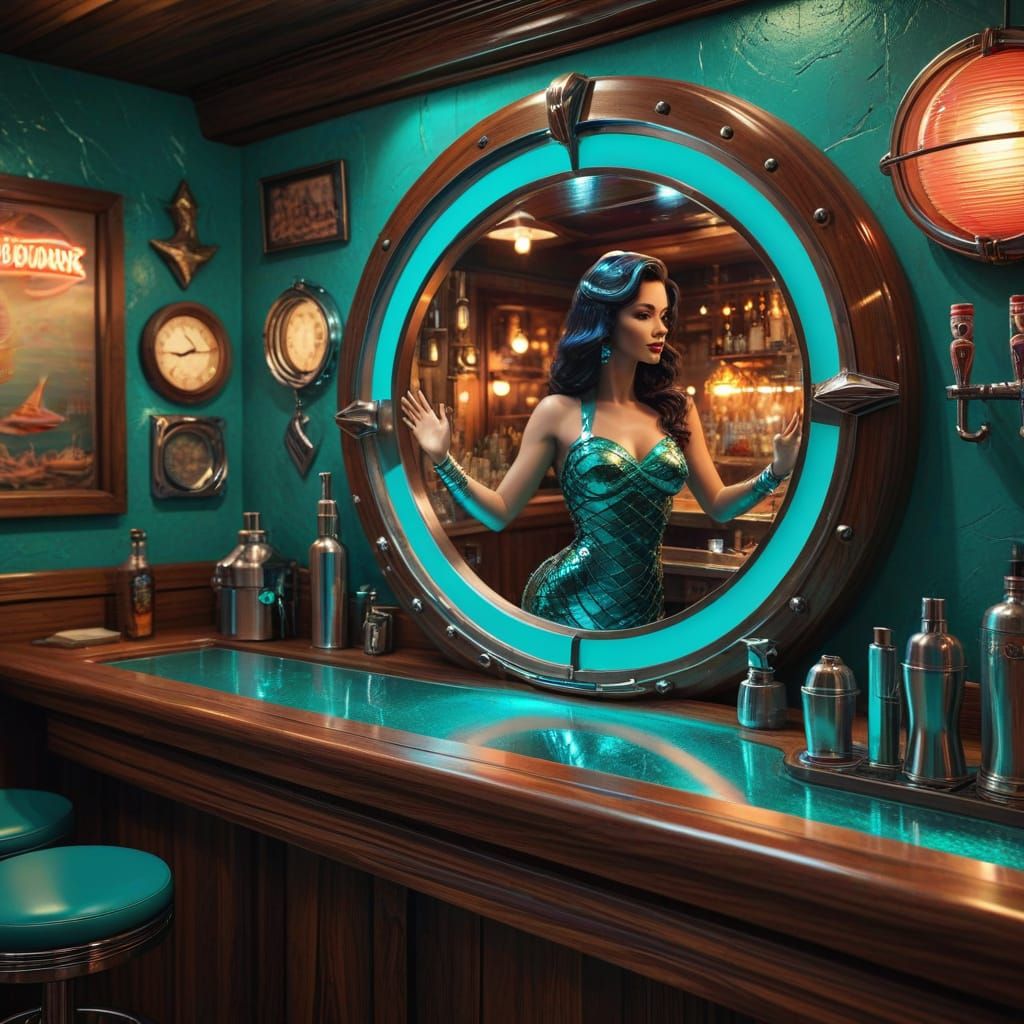 Vintage Oceanic Dive Bar Scene with Mermaid Barten... - AI Art