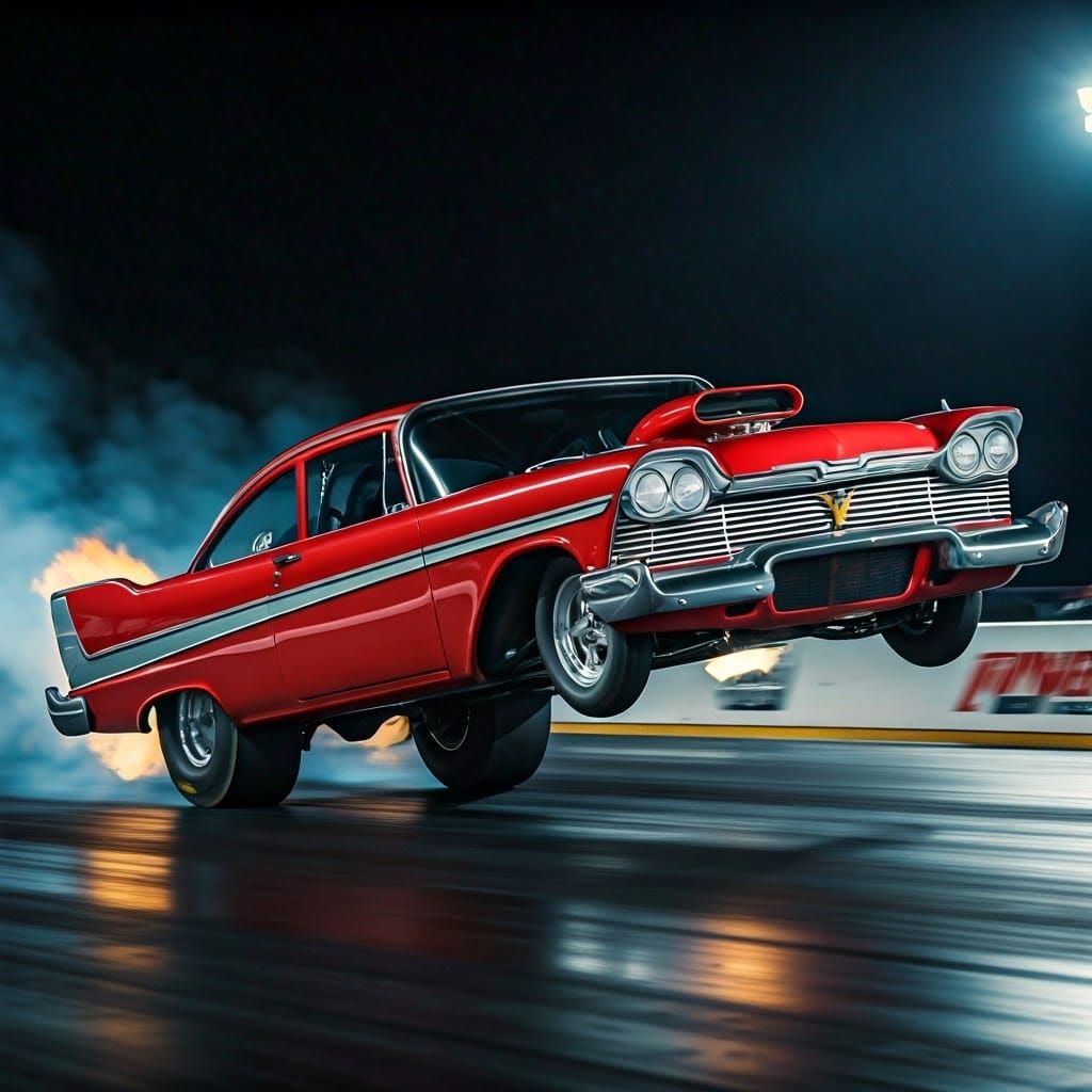 Retro Futuristic Drag Racer Performs Daring Wheeli... - AI Art