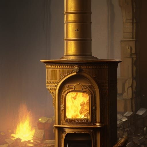 a brass and brick wood fire stove intricately detailed by an elf ...