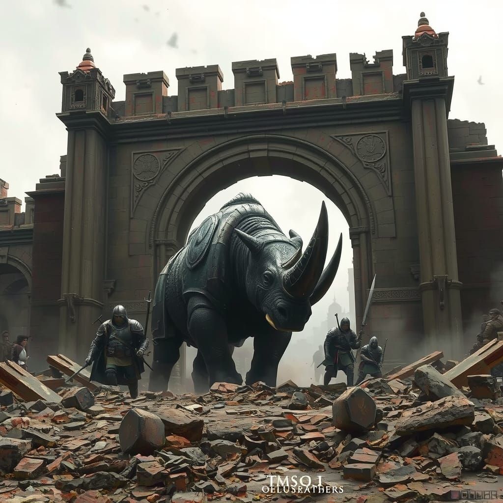 Medieval Behemoth Enters Ruined City - AI Art