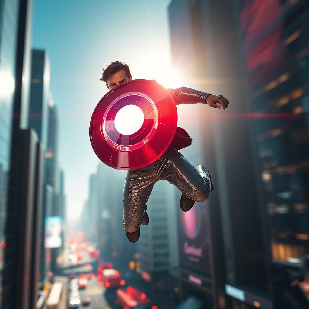 Superhero with Shield in Action - Cybernetic Hero Soars Thro...