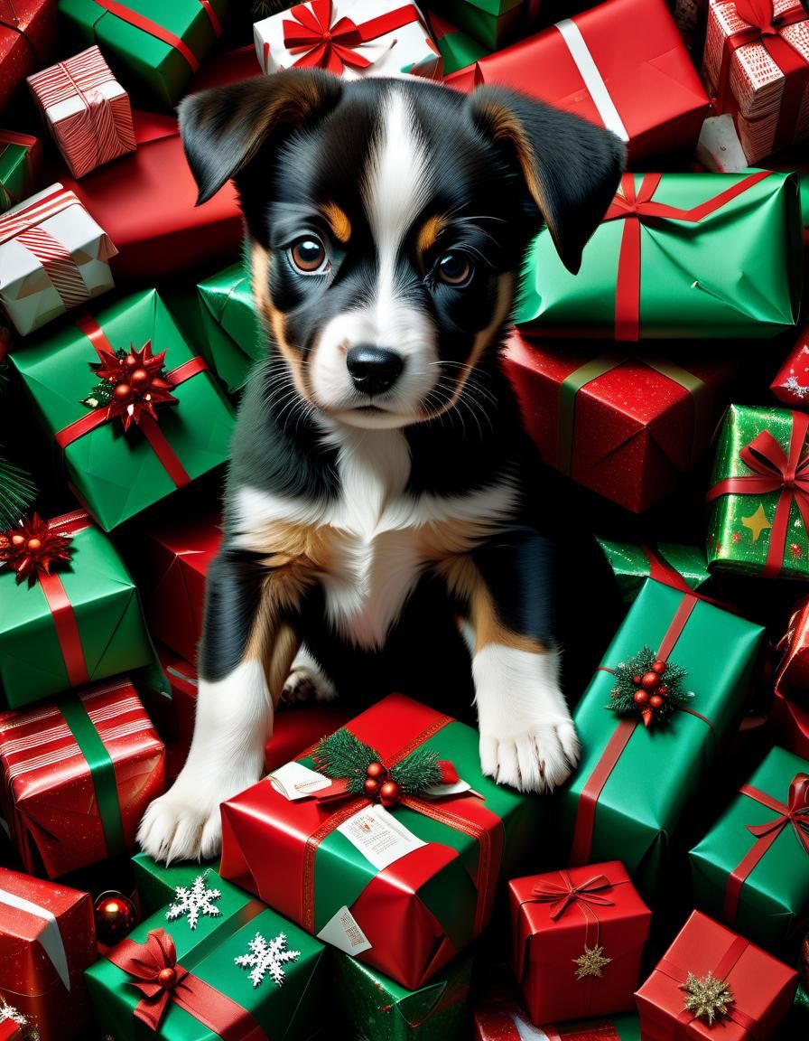 Portrait; "naughty puppy in a pile of Christmas wrapping paper", torn ...