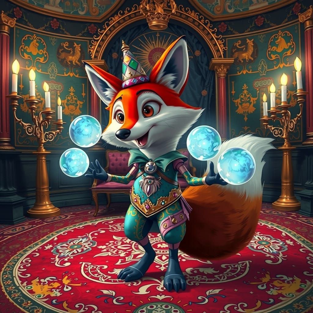 fox as court jester juggling for the king