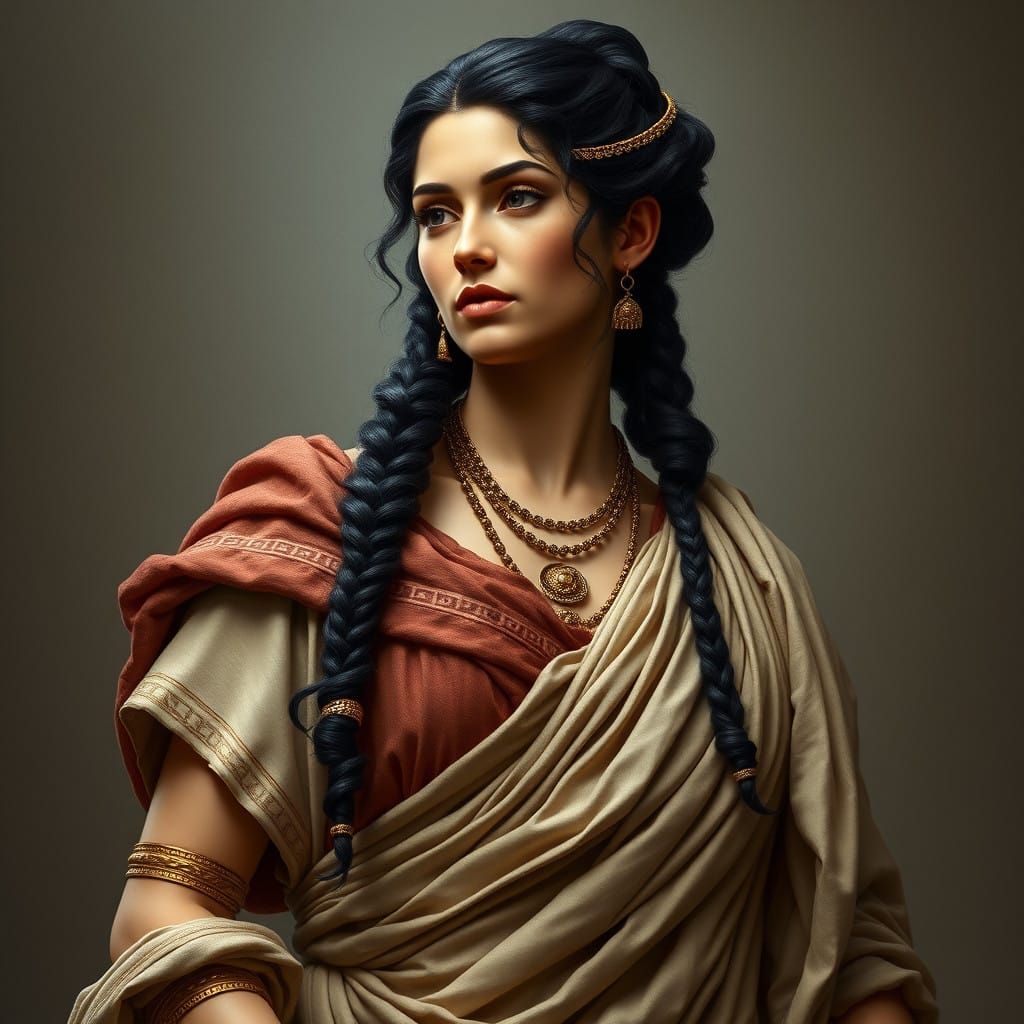 Beautiful woman dressed in 70 B.C. fashion and wearing hairstyle 70 B.C ...
