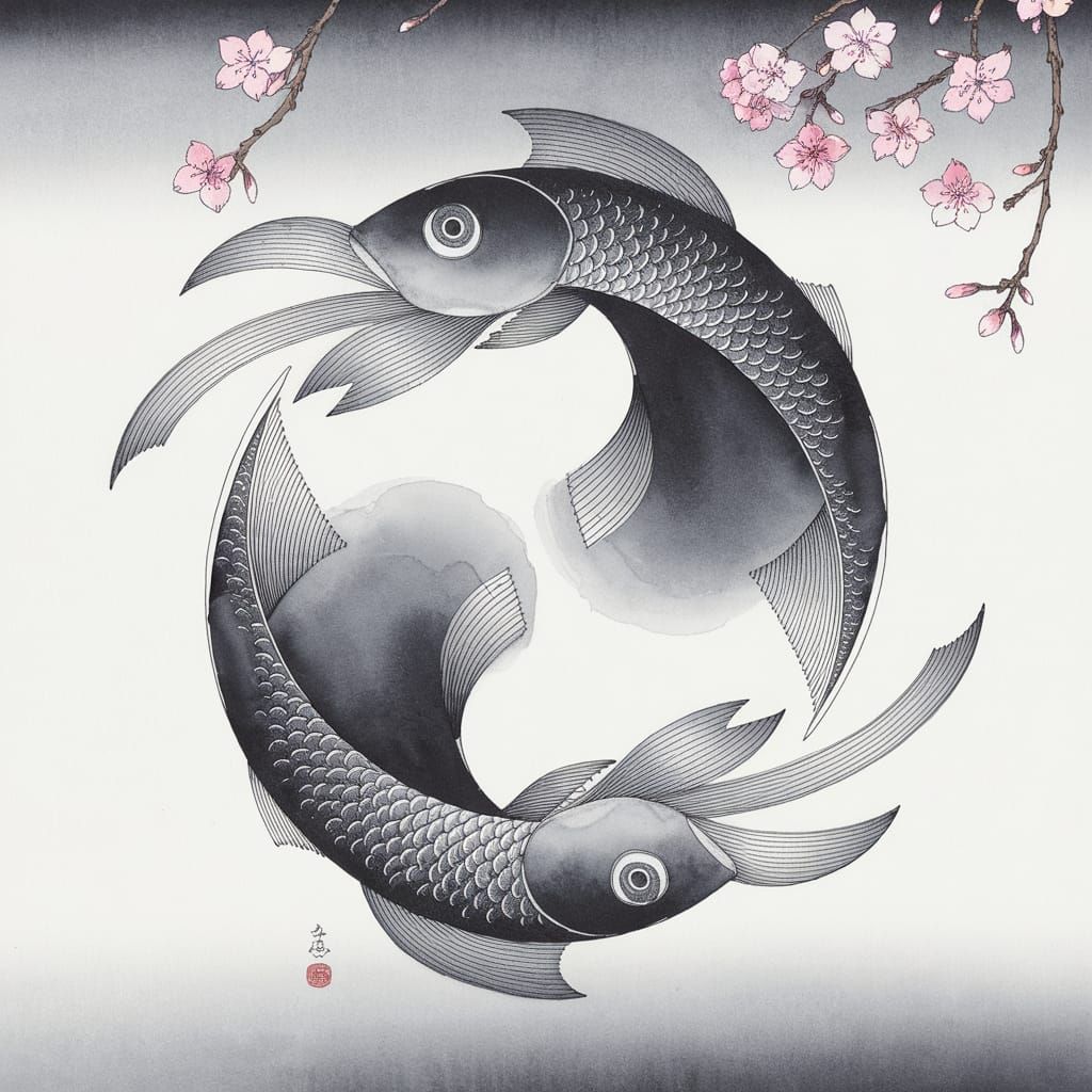 Yin-yang Pisces. - Delicate Yin-Yang Fish Composition in Tra...